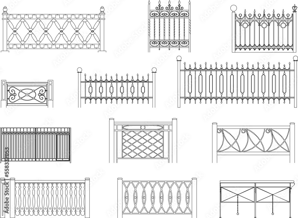 vector sketch of classic iron fence illustration with white background ...