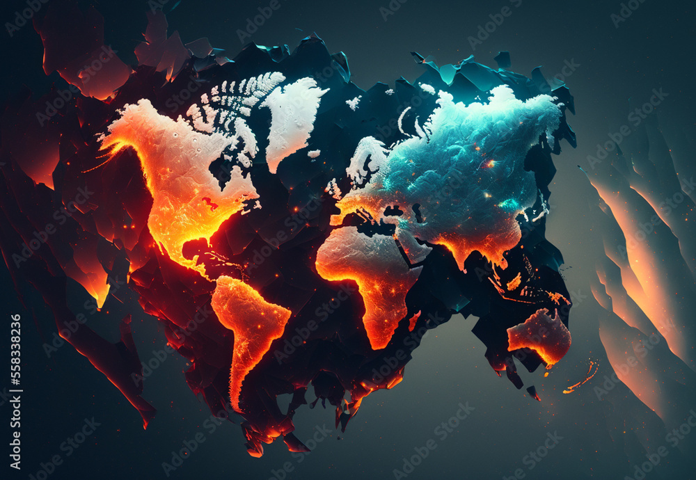 An abstract background of a world map with regions affected by extreme ...