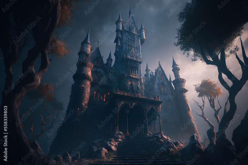 Vampire castle, night, fog, dark fantasy, haunted castle, landscape ...