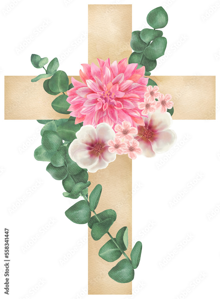 Easter Cross flower and leaf,Pink Dahlia Flower,Pink Wild Roses Flower,Green Eucalyptus Leaves ...