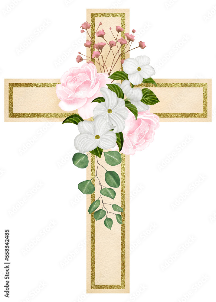 Golden glitter Easter Cross flower,Pink Rose Flower,White Flower,Green ...