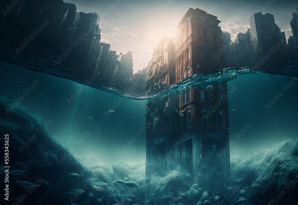 An abstract background of a city underwater due to rising sea levels ...