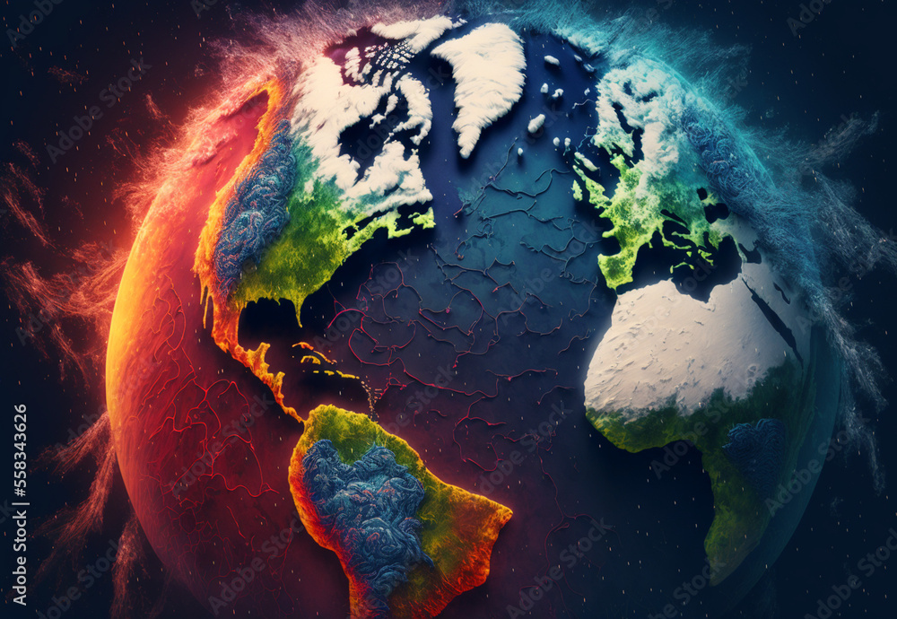 An abstract background of a world map with regions affected by extreme ...