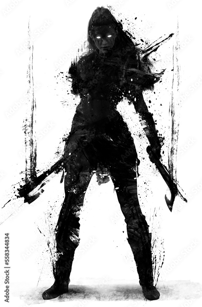 A cruel and terrifying Scandinavian Viking girl stands in a defiant ...