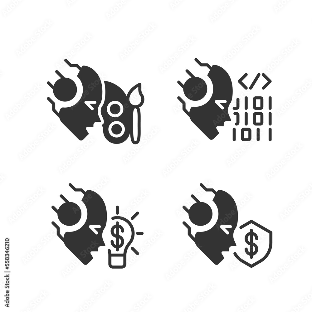 Artificial intelligence skills black linear glyph icons set. Data ...