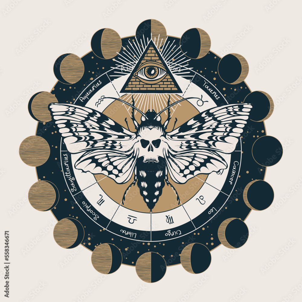 Hand-drawn scary butterfly moth dead head on the background of magical ...