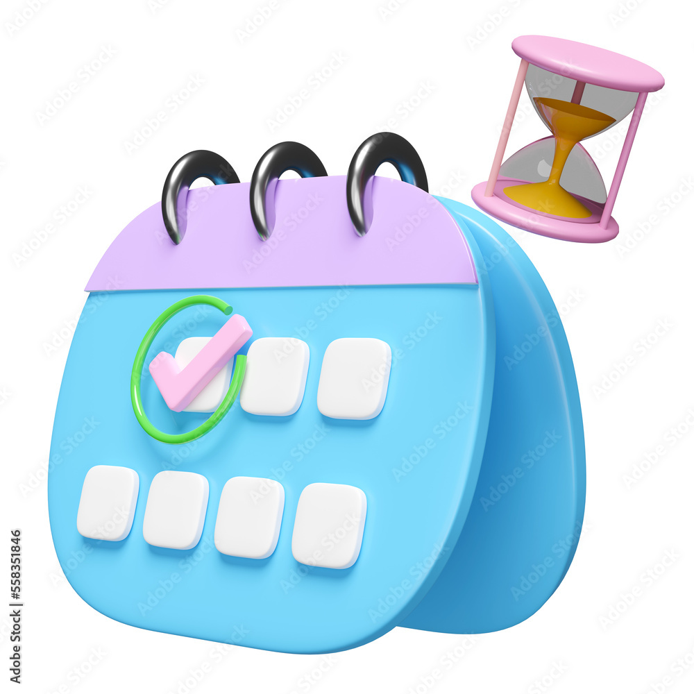 3d calendar with hourglass, checkmark icons, marked date isolated ...