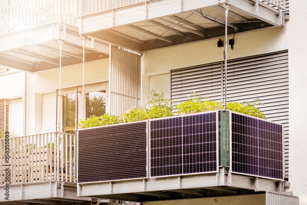 Solar Panel on Balcony of Modern Facade Building in Eco City. Solar ...