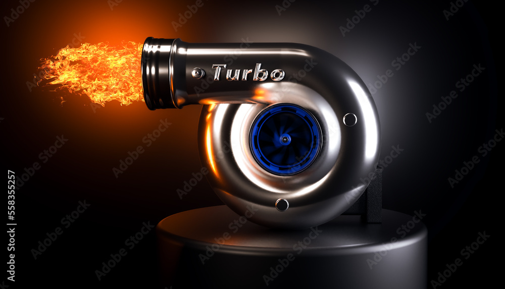 Turbocharger with a fire on dark background with blue spin 3D rendering ...