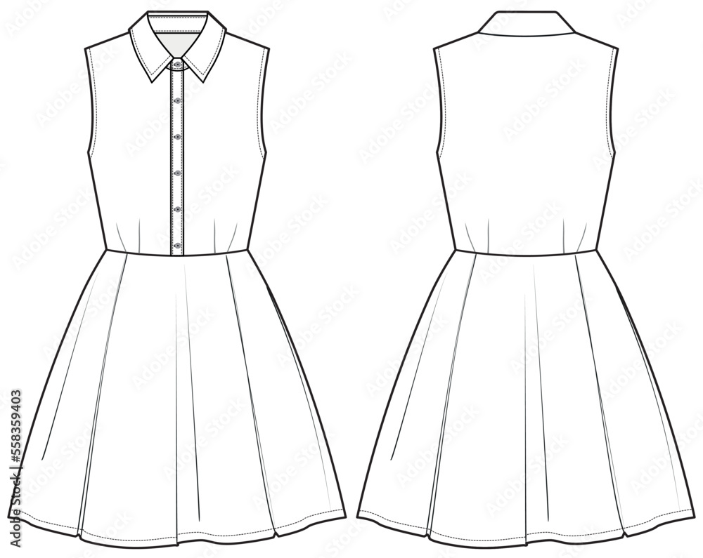 womens sleeveless shirt dress flat sketch technical cad drawing vector ...