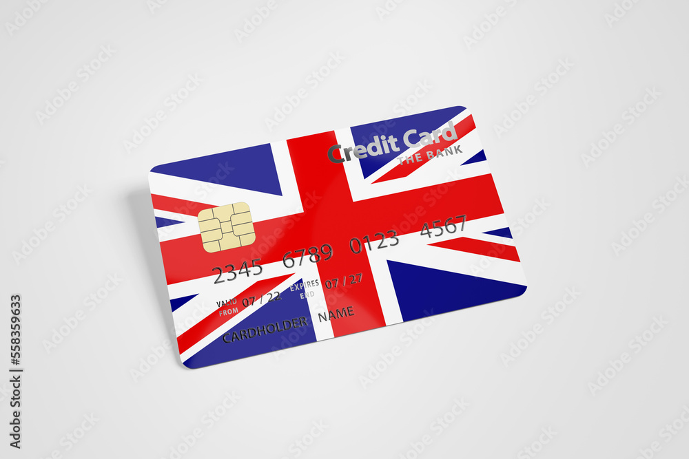 Credit card showing the national flag of the UK on white background ...