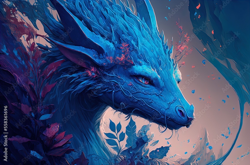 Blue dragon. Mythology creature. Dark fantasy illustration. Generative ...