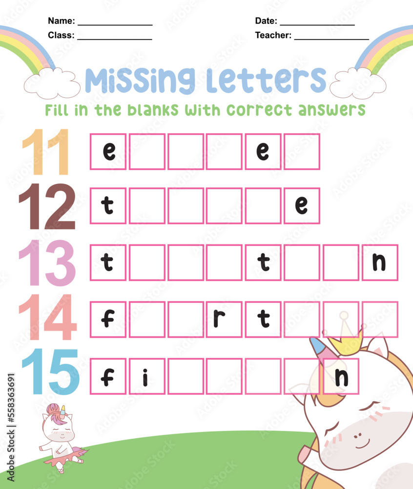 Missing letters worksheet. Complete the letters of the numbers in ...
