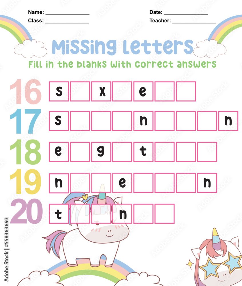 Missing letters worksheet. Complete the letters of the numbers in ...
