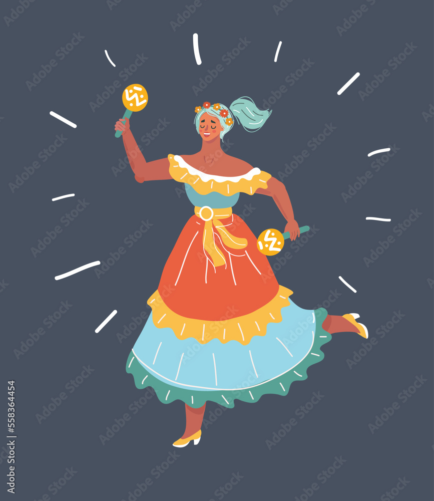 Mexican girl wearing traditional dress dancing and shaking maracas ...