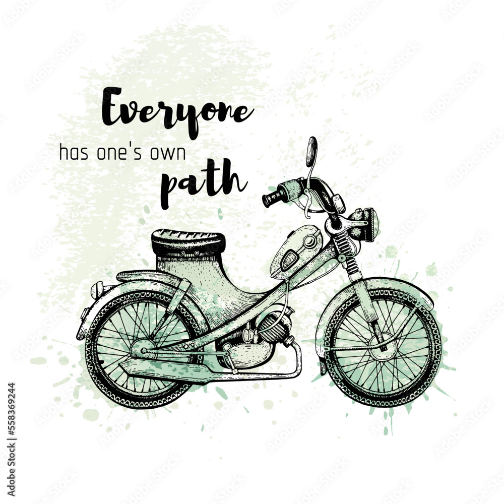 Vintage motorcycle on background of watercolor splashes. Vector hand ...