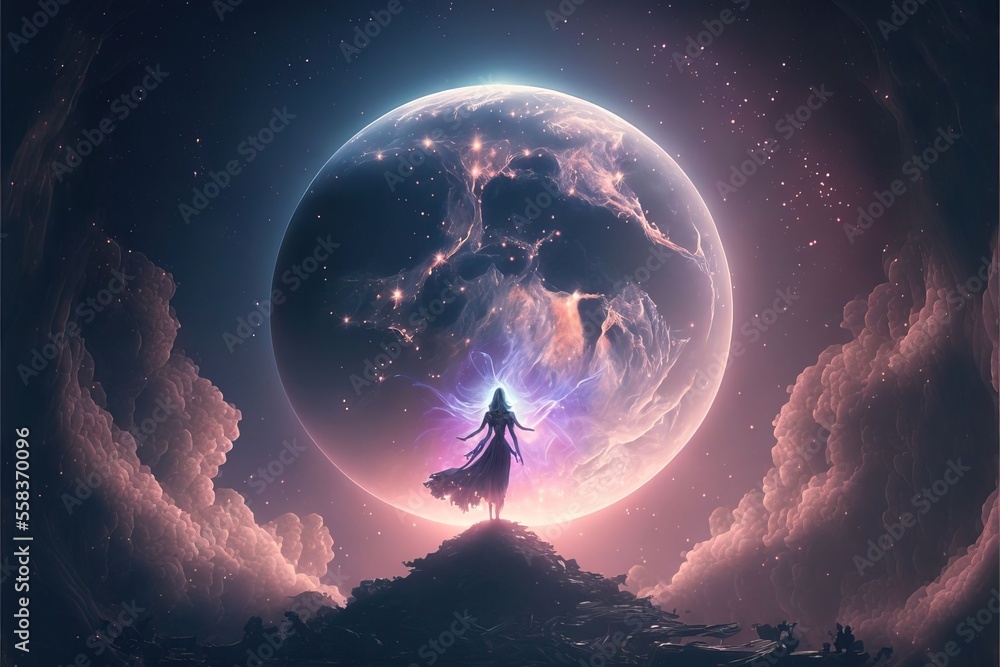 4K resolution or higher, a female spirit dancing in the sky, full moon ...