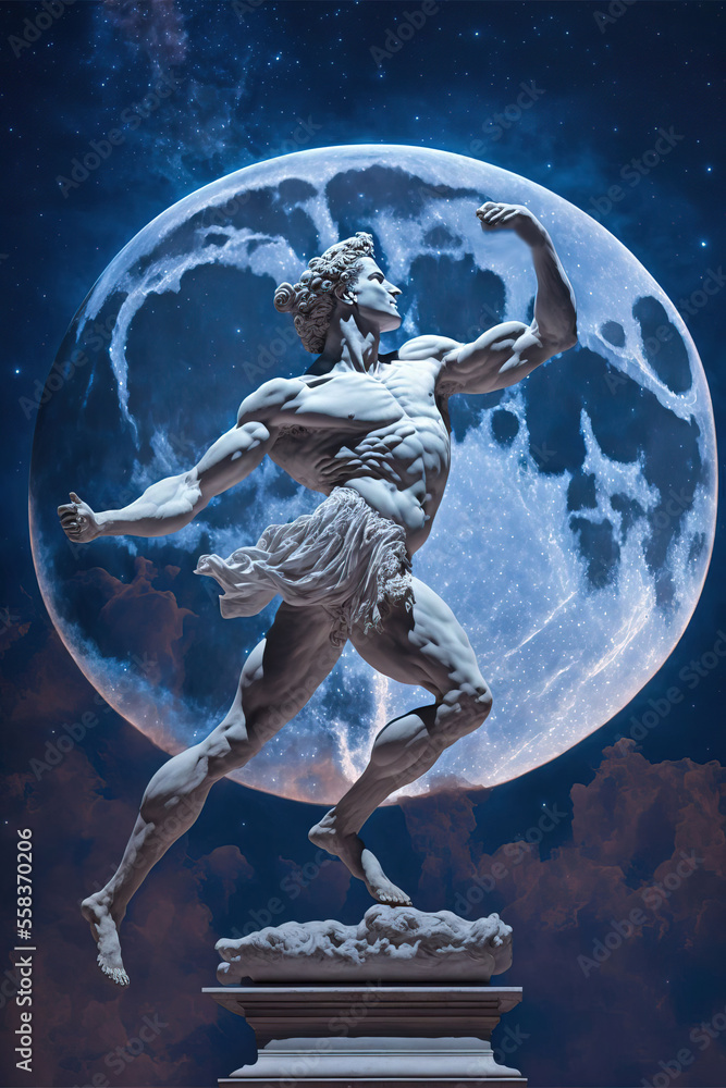 4K resolution or higher, a greek god dancing in the sky, full moon ...