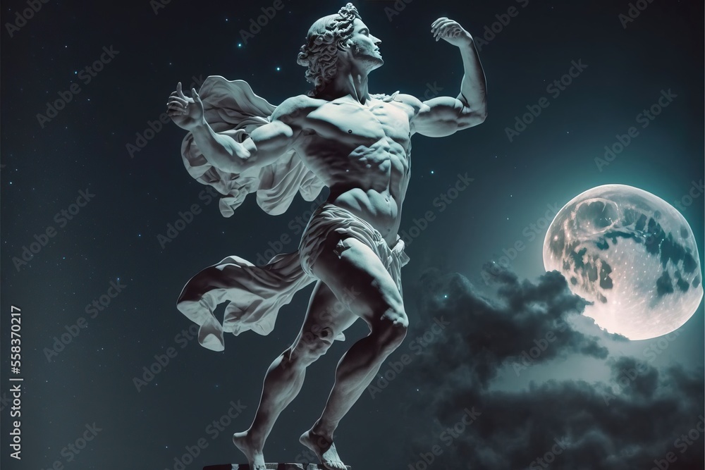 4K resolution or higher, a greek god dancing in the sky, full moon ...