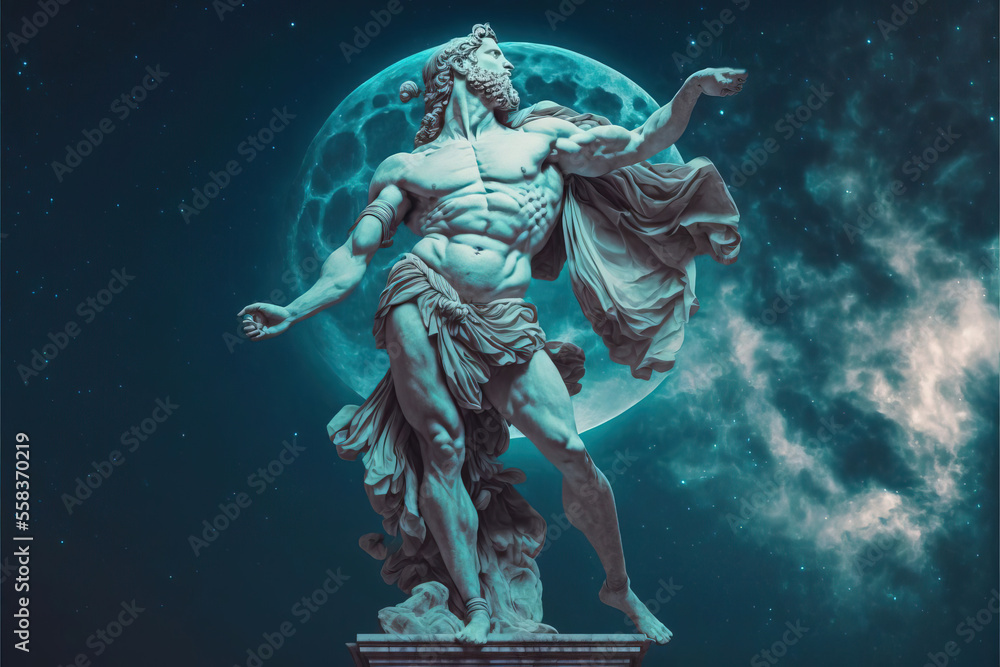 4K resolution or higher, a greek god dancing in the sky, full moon ...