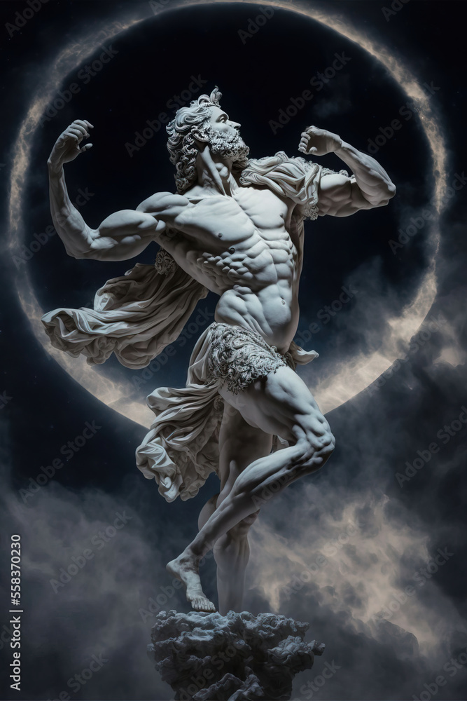 4K resolution or higher, a greek god dancing in the sky, full moon ...