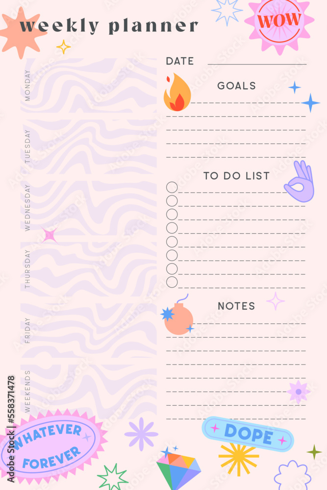 Vector weekly planner template with y2k patches,icons and emblems ...