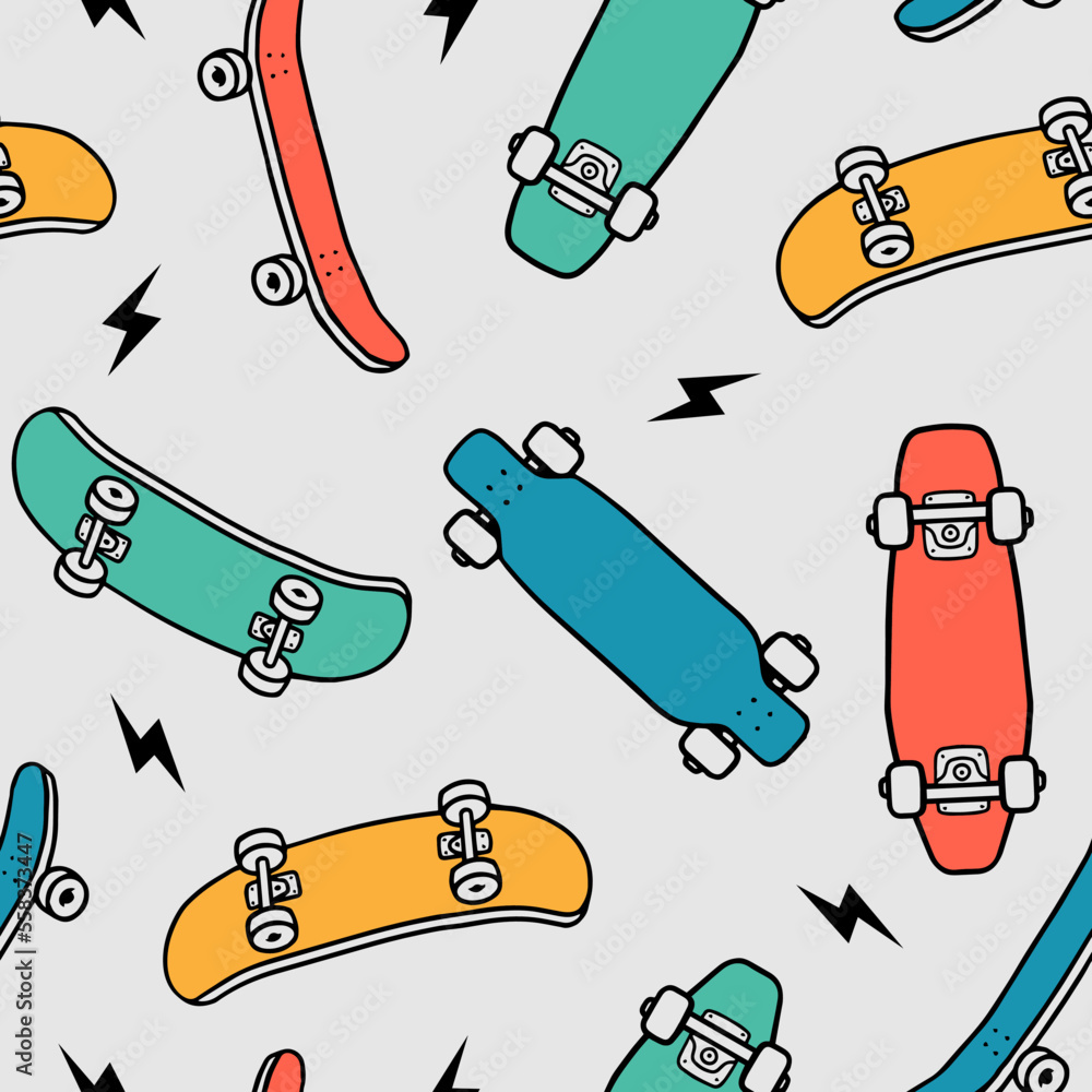 Hand-drawn skateboarding seamless pattern. Skate background texture ...