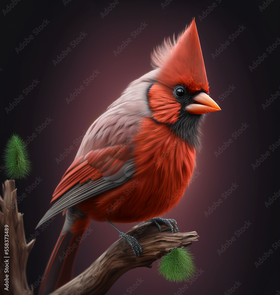 Cardinal bird on a tree limb, purple background, illustration created ...