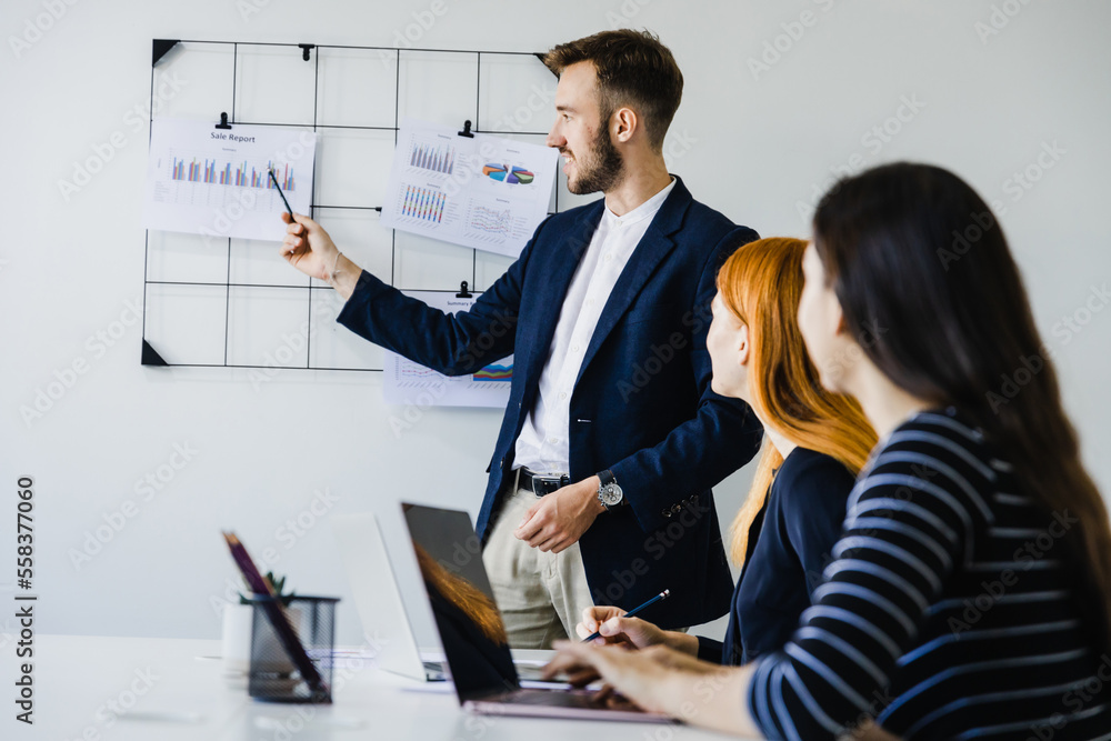 Confident business people work cooperate with diverse team at office ...