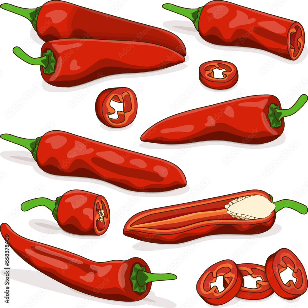 Set with whole, half, quarter, slices of Aleppo peppers. Halaby peppers ...