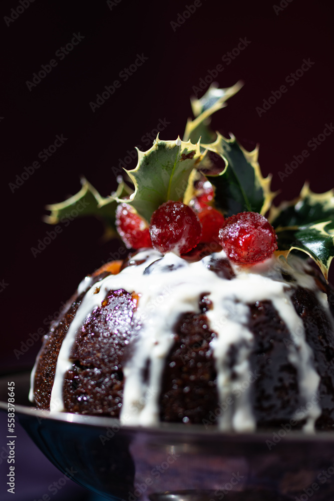 Traditional festive Christmas fruit pudding dessert, decorated with ...