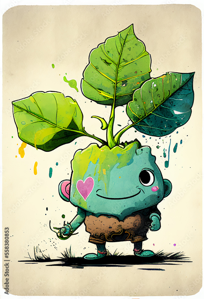 Cute character plant person, love heart, leaves growing out of head ...