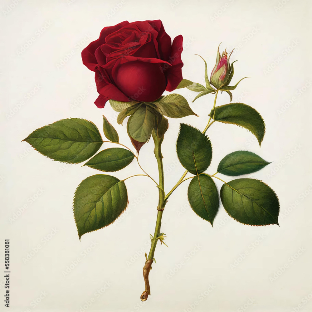Vintage botanical style illustration of a red rose, flora, flower ...