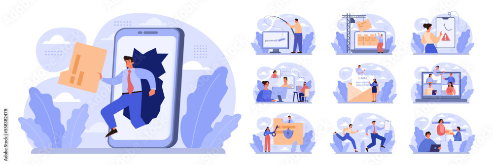 Data theft concept set. Cyber attack, hacker stealing personal data ...