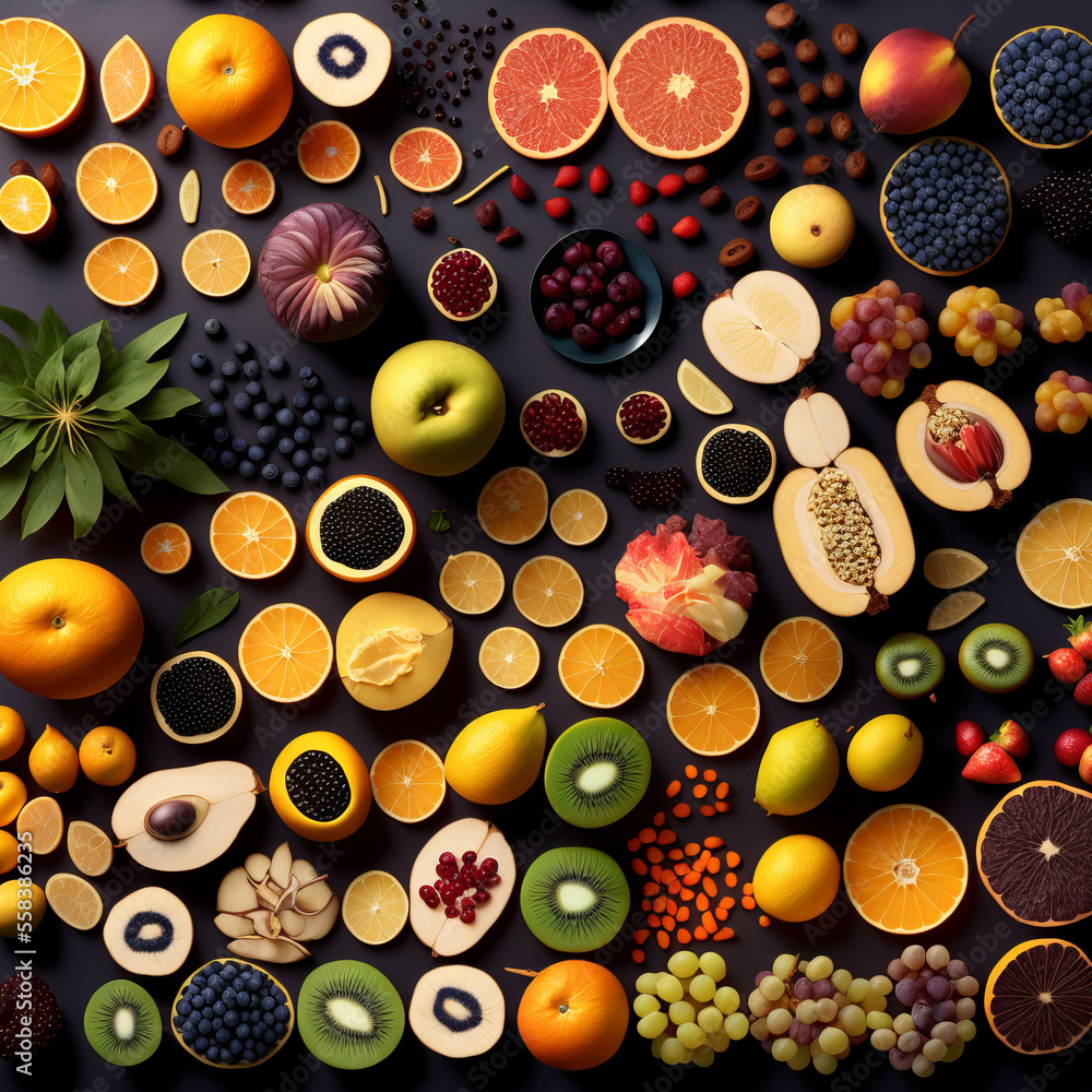 lay flat overhead view of lots of colourful fruits. Generative ai Stock ...