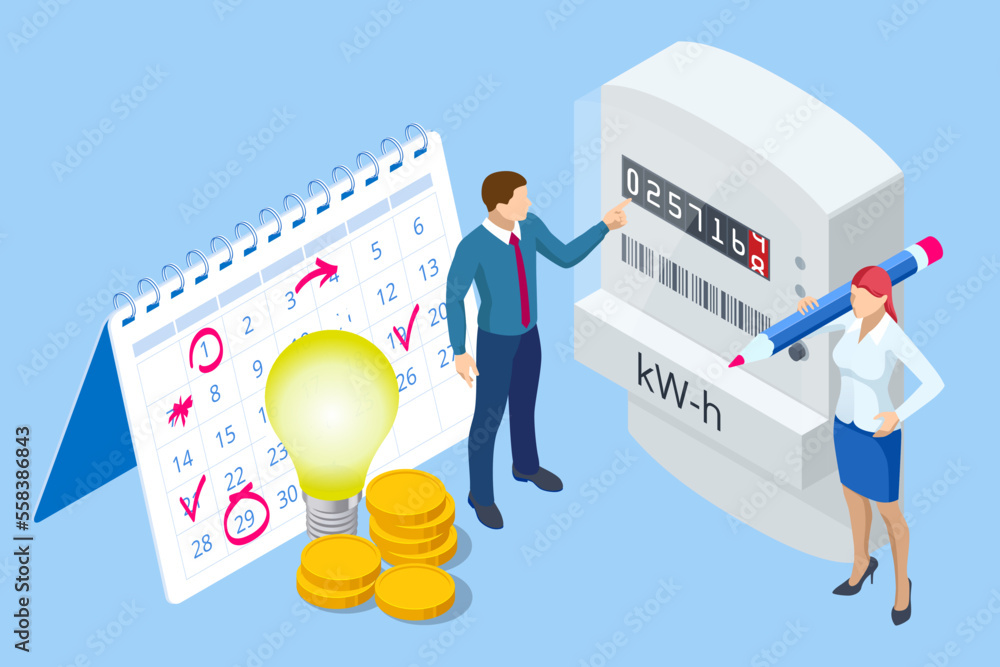 Isometric invoice and electricity meter. Utility bills payment ...
