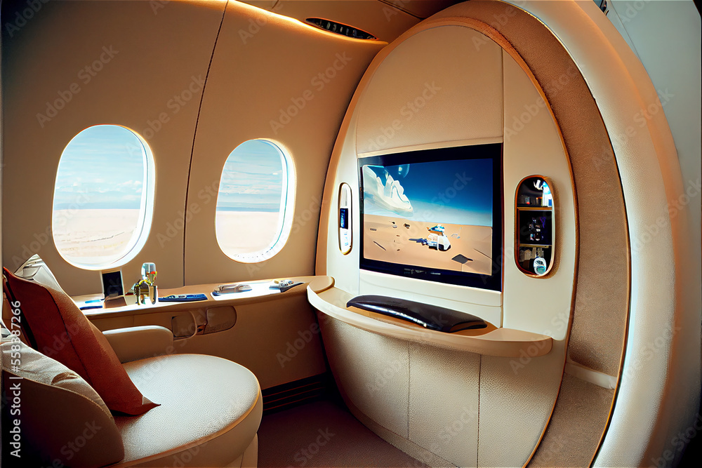 Luxurious first class airplane seat with lots of windows, generative AI ...