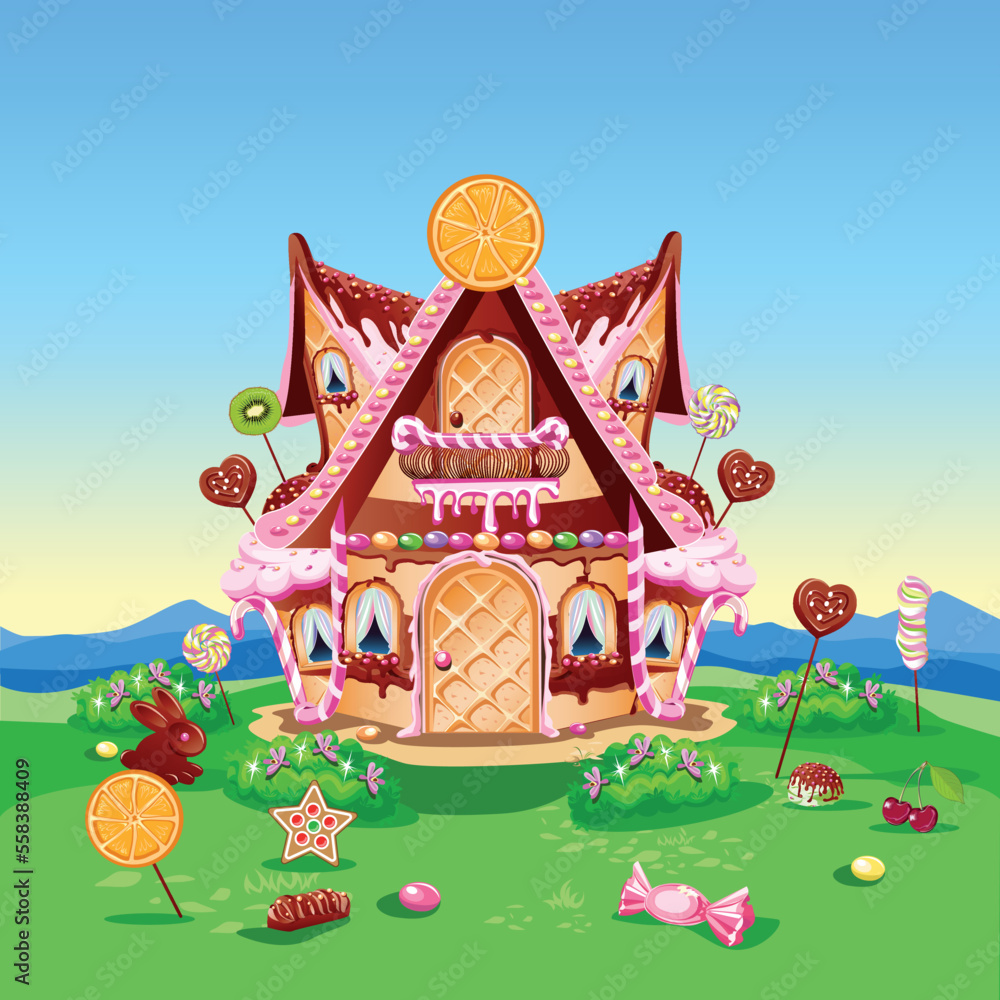 Sweet house with chocolate, waffles and cookies, decorated with sweets ...