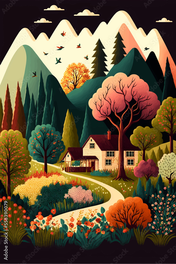Nature and landscape, Vector illustration of trees, forest, mountains ...