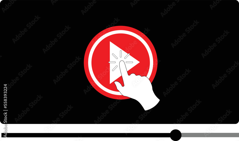 Multimedia video player shape with a hand cursor pressing a play button ...