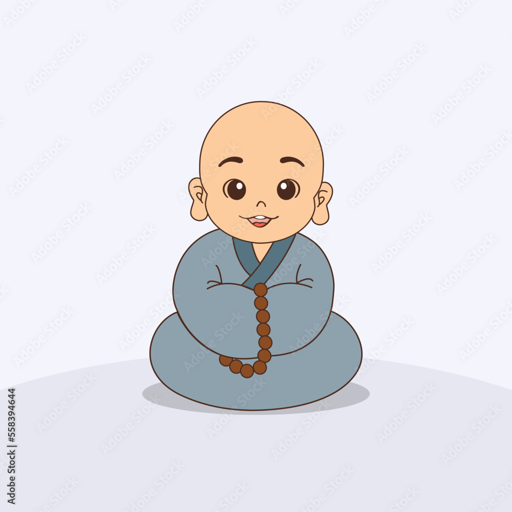 Cartoon character cute happy smiling monk sitting on floor and chanting ...