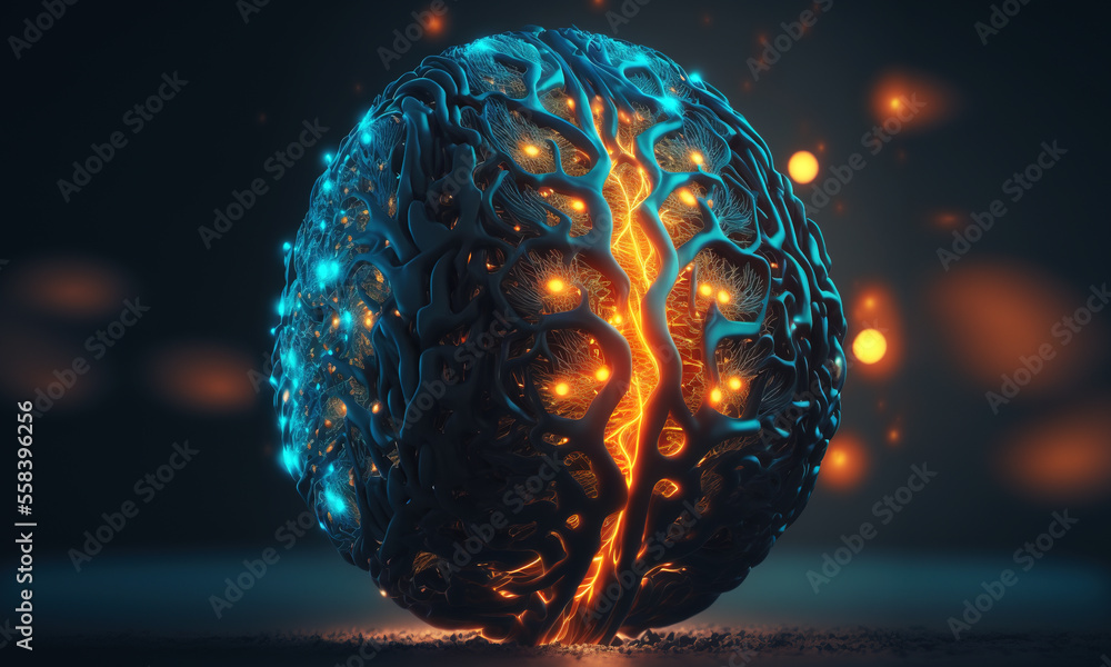 Glowing brain background with neural links network. Illustration representing artificial ...