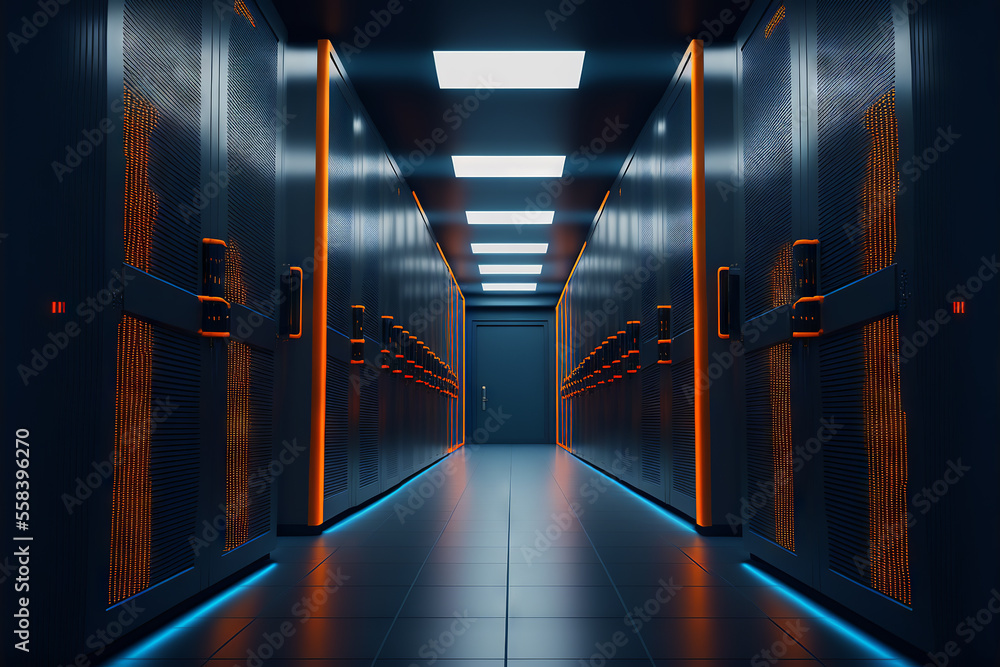 Dark servers data center room with computers and storage systems and ...