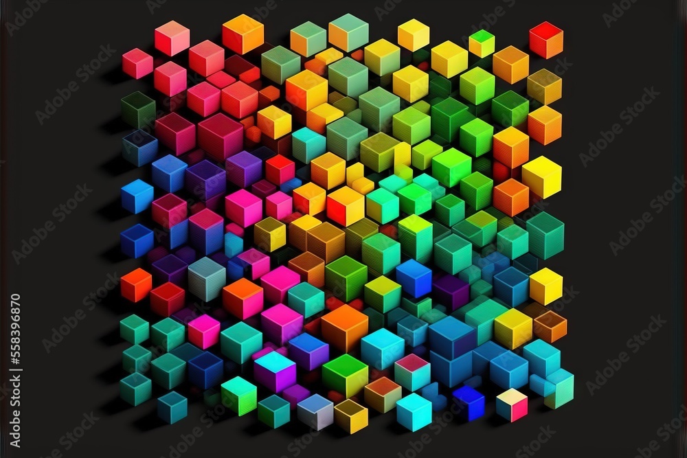 a group of colorful cubes on a black background with a red border ...