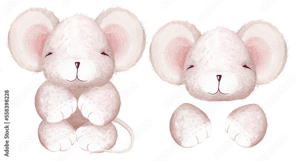 4 isolated images. Cute plush fluffy baby mouse or mousekin in full ...