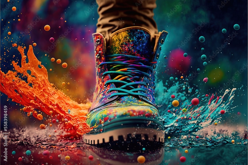 a colorful pair of shoes splashing through a puddle of water on a ...