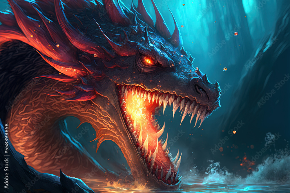 Fire breathes explode from a giant dragon in a black night, the epic ...
