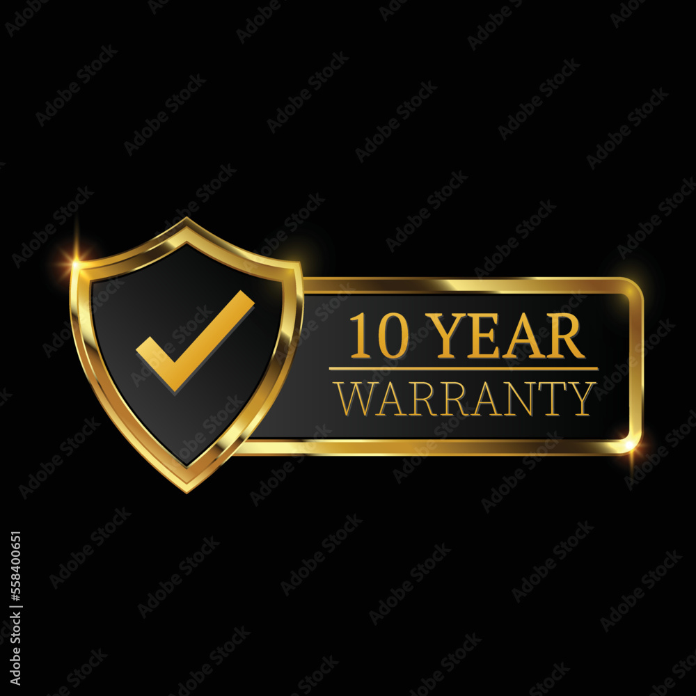 10 year warranty logo with golden shield and golden ribbon.Vector ...