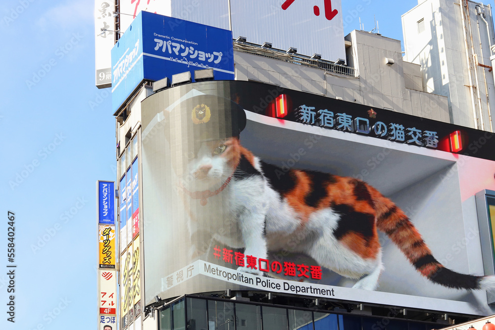 TOKYO, JAPAN - January 4, 2023: A 3D billboard featuring a police cat ...
