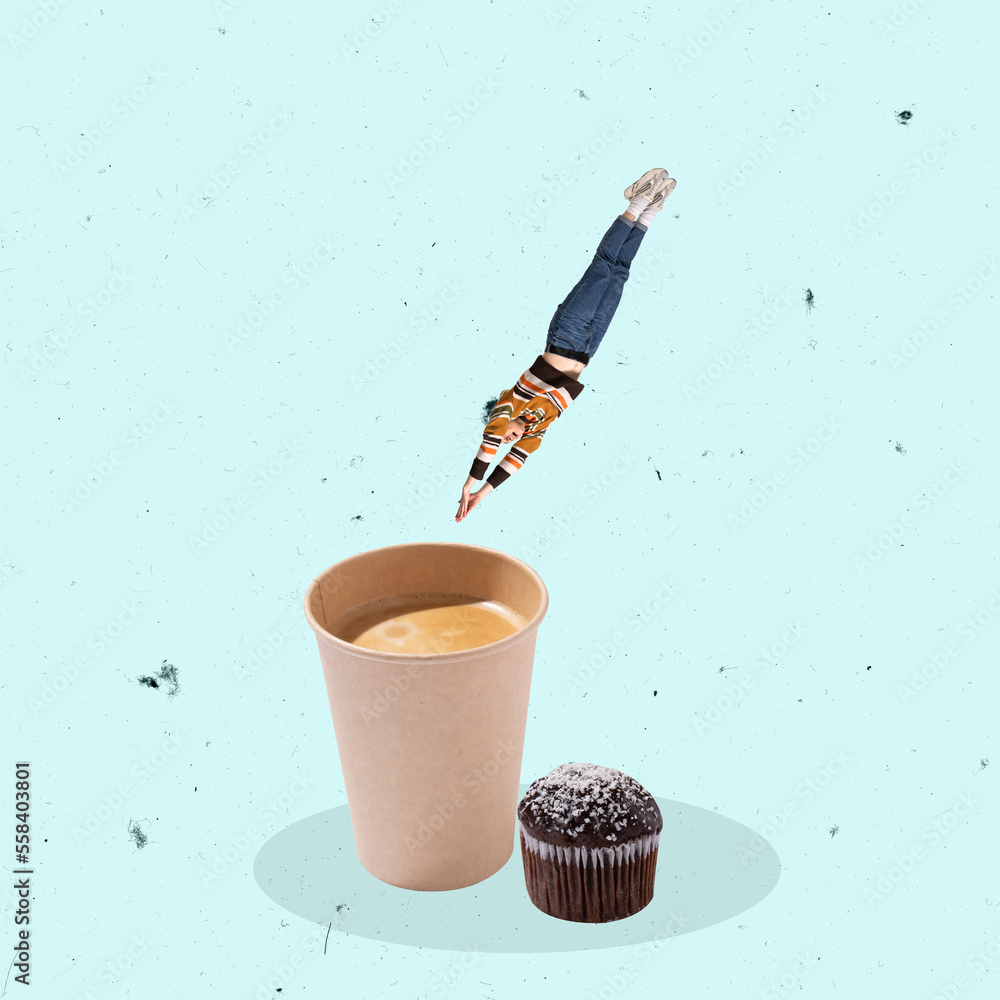 Contemporary art collage. Creative design. Young woman diving into cup ...